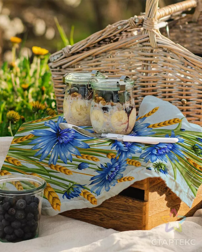 Полотно вафельное 50 см набивное арт 60 рис 29315/1 "Васильки" голубого ...