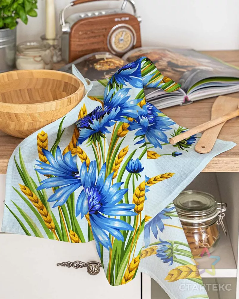 Полотно вафельное 50 см набивное арт 60 рис 29315/1 "Васильки" голубого ...