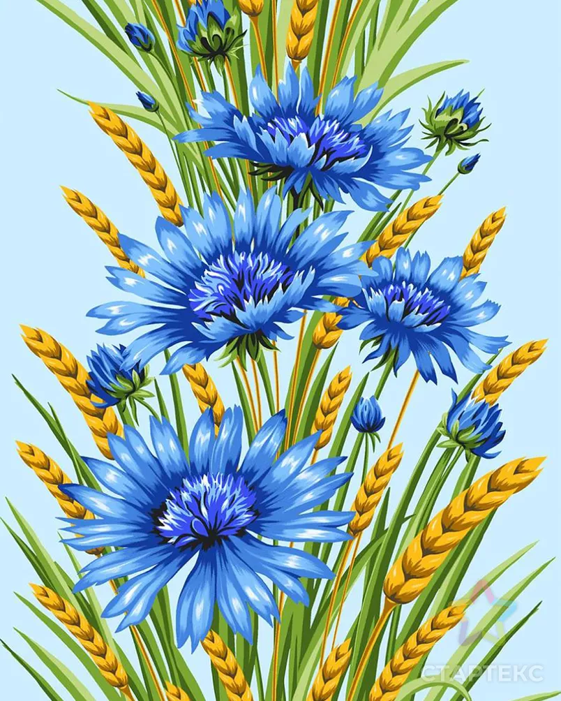 Полотно вафельное 50 см набивное арт 60 рис 29315/1 "Васильки" голубого ...